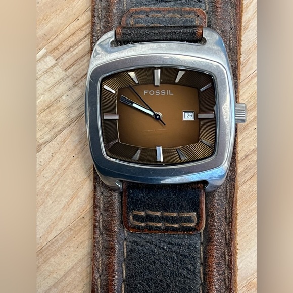 Fossil | Accessories | Fossil Mens Watch Brown Leather Strap Amber Dial ...